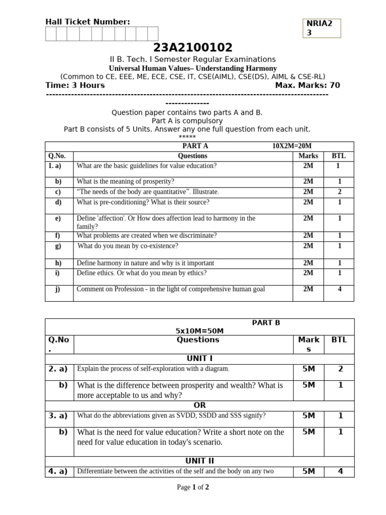 NRIA23 THEORY EXTERNAL EXAM QUESTION PAPER FORMAT II UG - Doc (UHVmodel ...