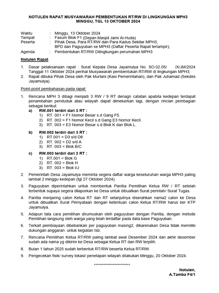 Notulen Rapat Pembentukan RT RW TGL 13 Oktober 2024 | PDF | Griya ...