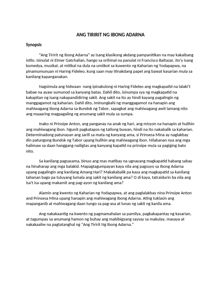Synopsis Ang Tiririt NG Ibong Adarna | PDF