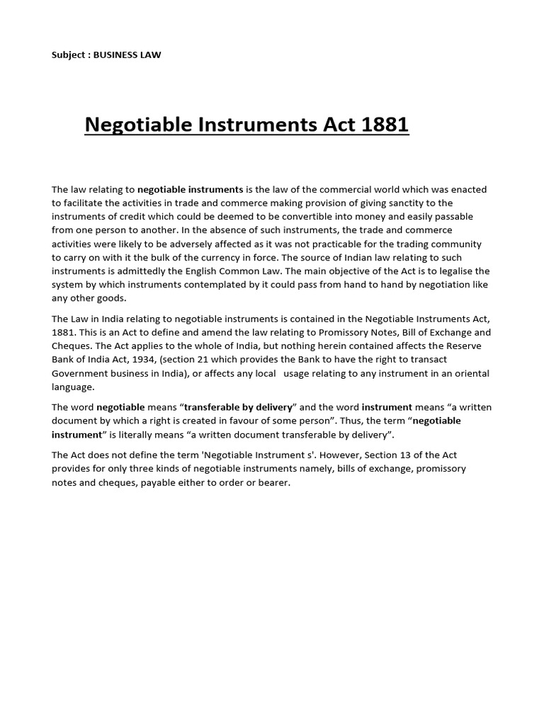 Negotiable Instruments Act Overview | PDF | Negotiable Instrument | Cheque