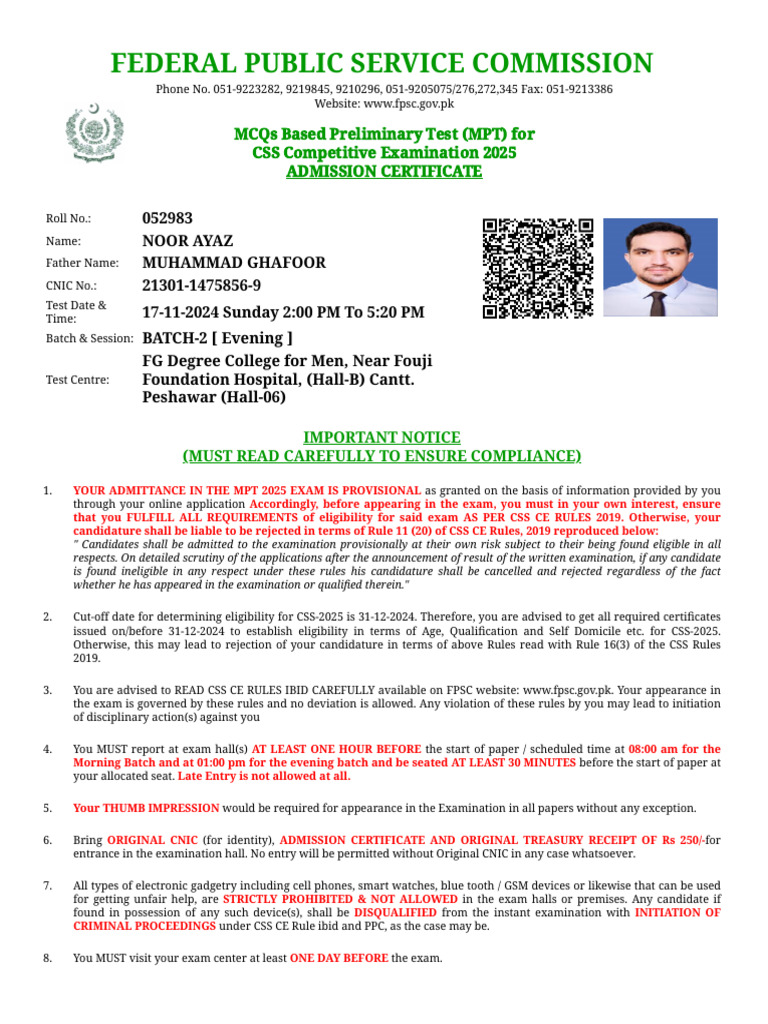 Online - Fpsc.gov - PK FPSC Css Prelim Exam 2025 BK Reports Css MPT Ac ...