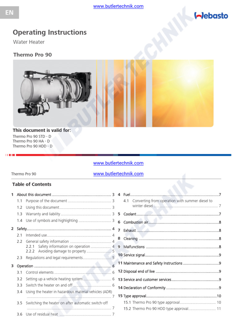 Webasto Thermo Pro 90 Operating User Manual | PDF | Diesel Fuel | Combustion