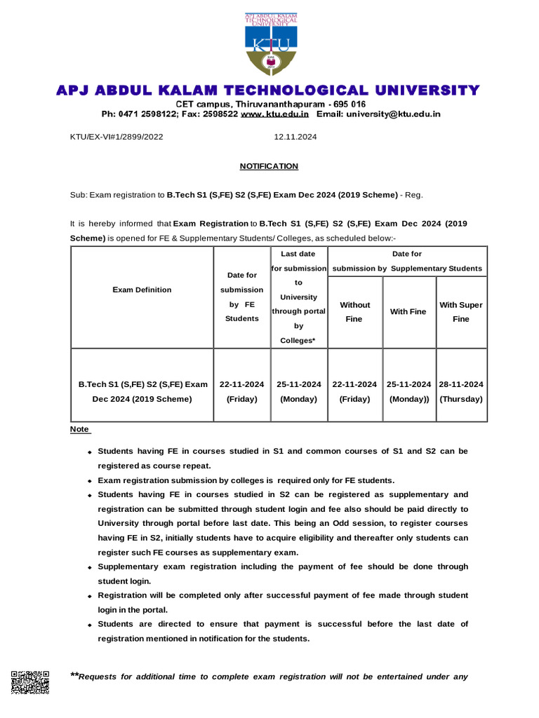 B.Tech S1/S2 Exam Registration Dec 2024 | PDF