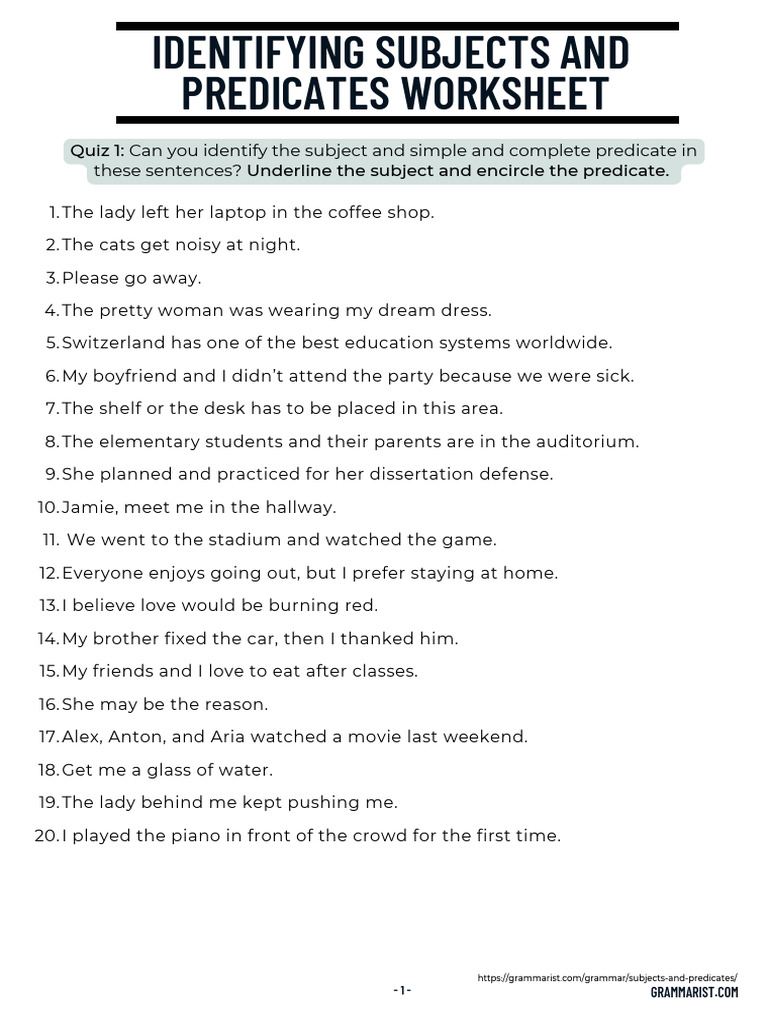 Identifying Subjects and Predicates Worksheet UPDATED | PDF | Language ...
