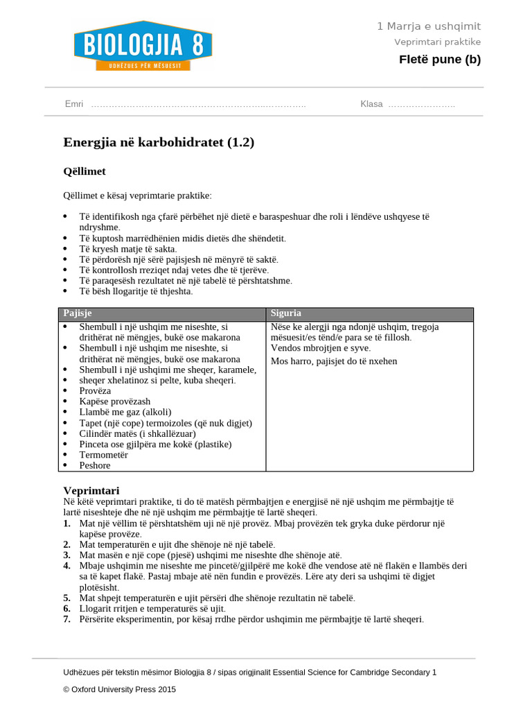 13.veprimtari Praktike Fletë Pune (B) Energjia Në Karbohidratet (Mësimi 1.2) | PDF