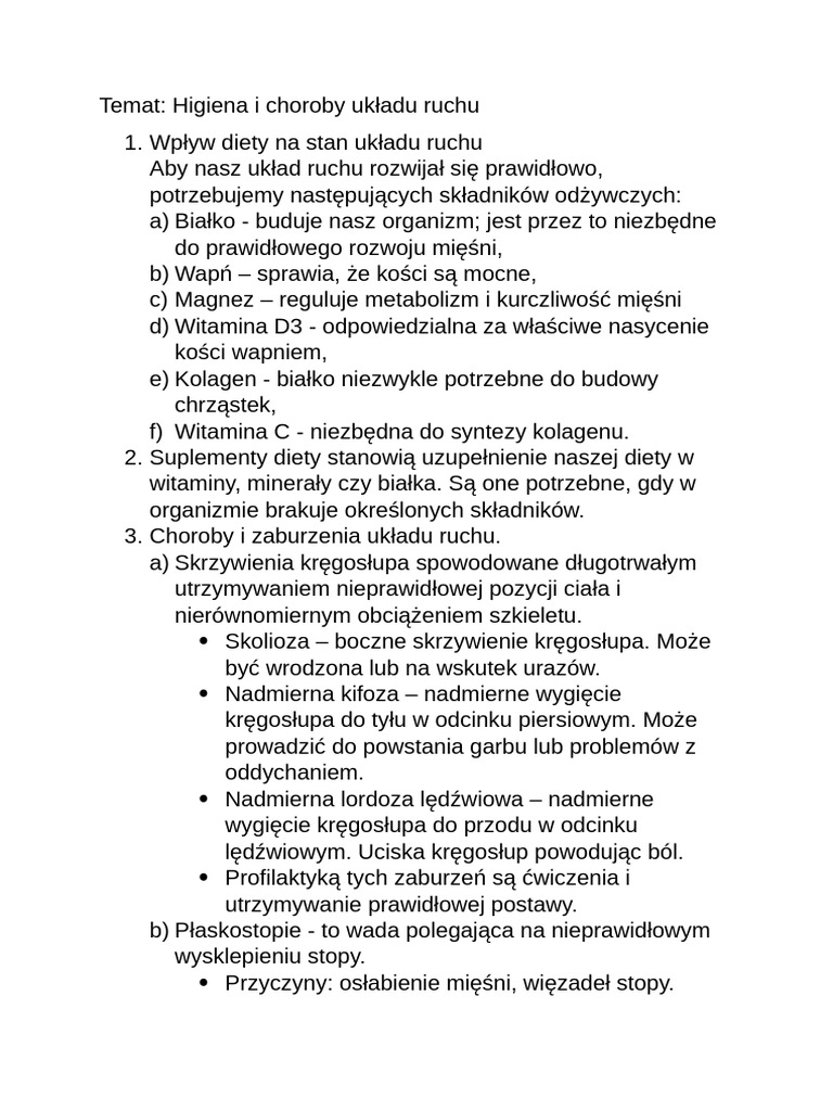Higiena I Choroby Układu Ruchu Notatka | PDF