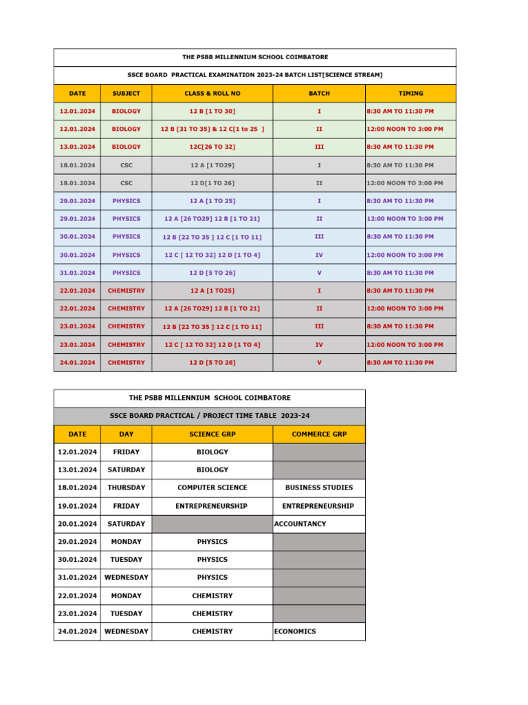 SSCE Practical Project Time Table 2023-241704968123 | PDF