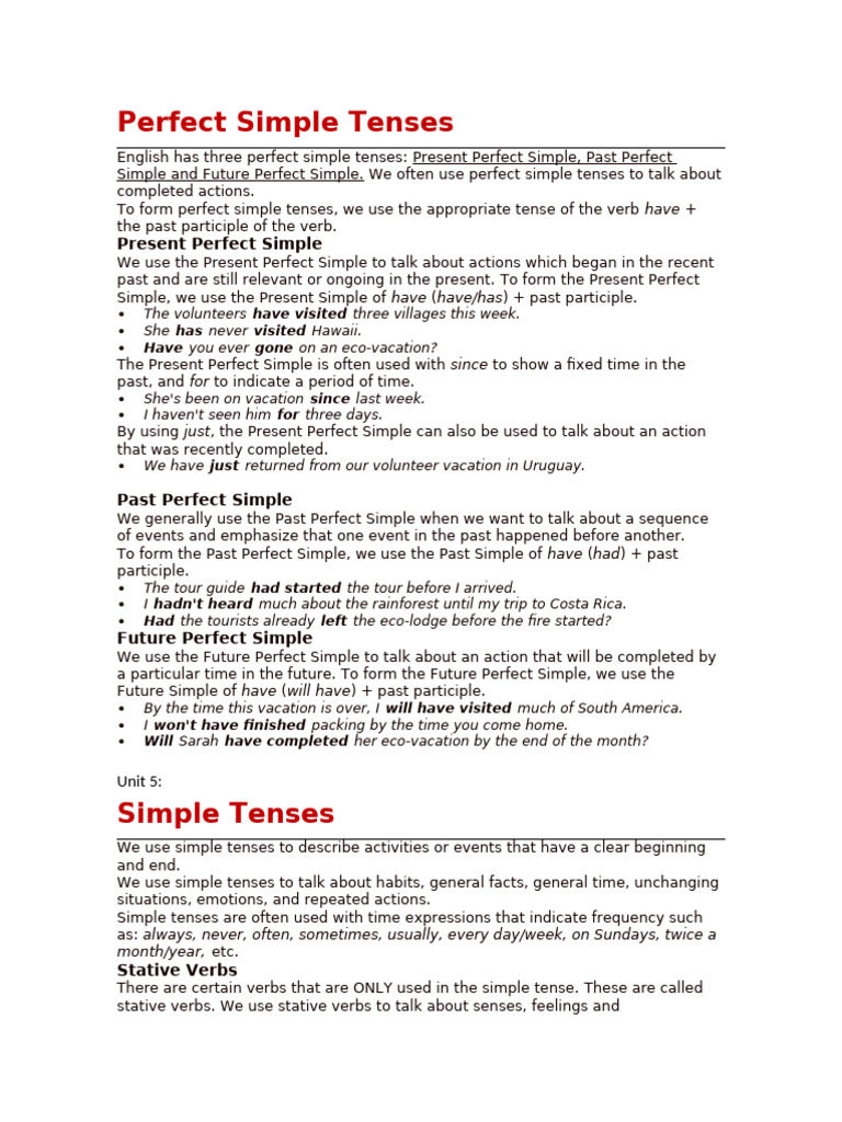 Perfect Simple Tenses | PDF | Perfect (Grammar) | Grammatical Tense