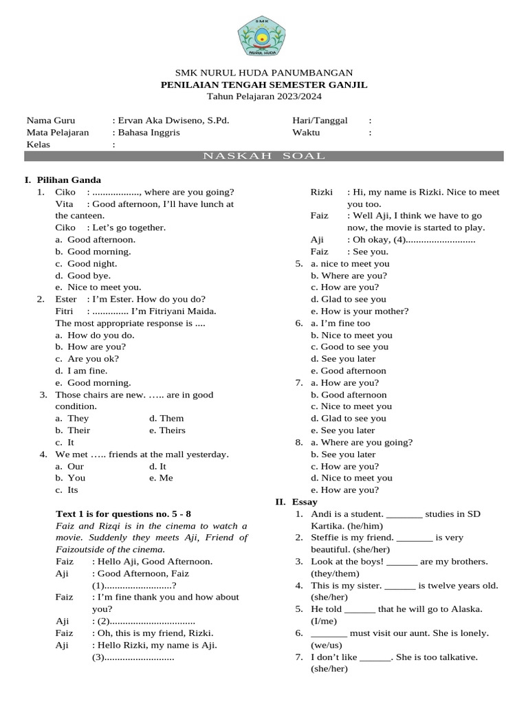 Soal PTS B. Inggris Kelas X TKJ Semester 1 2023-2024 (Ervan) | PDF