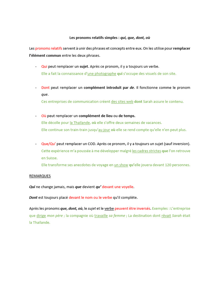Pronoms relatifs simples : guide pratique | PDF