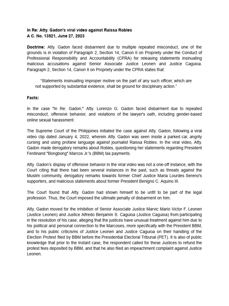 Case Digest - in Re: Atty. Gadon's Viral Video Against Raissa Robles ...