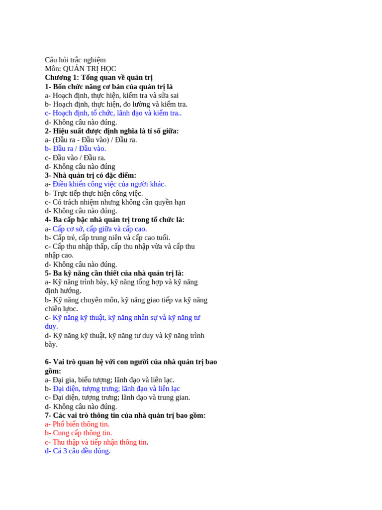 Câu Hỏi Trắc Nghiệm -QTH | PDF