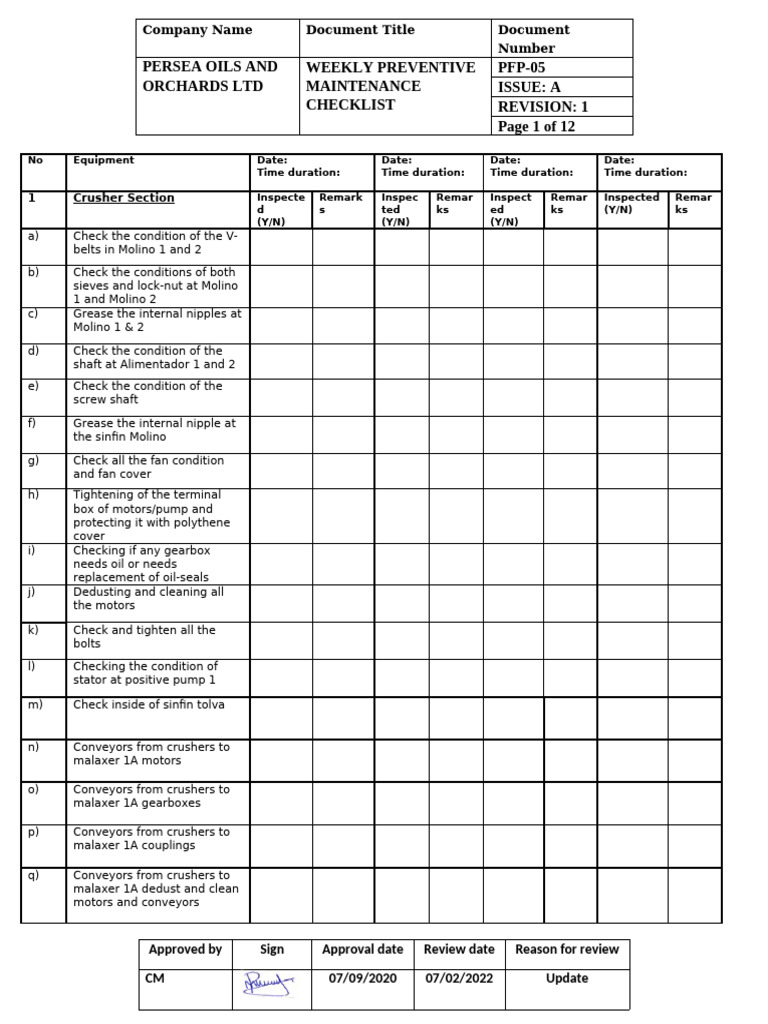Weekly Maintenance Checklist Guide | PDF | Pump | Valve