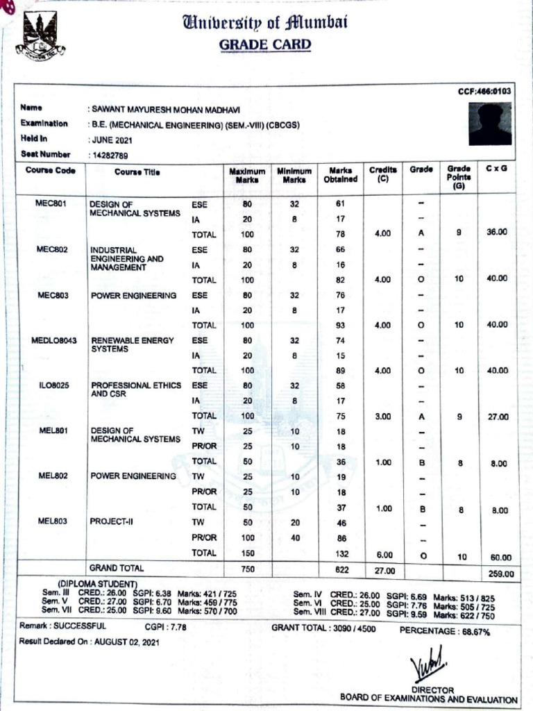 B.E. Mechanical Engineering Grade Card | PDF
