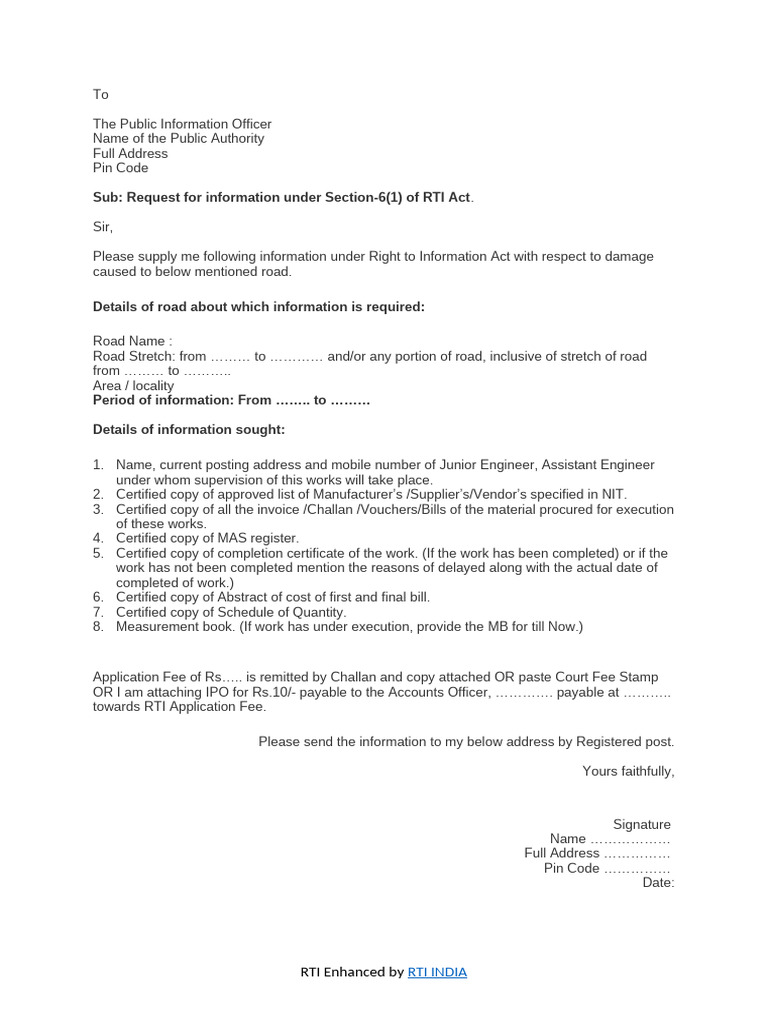 RTI Request for Road Damage Information | PDF | Law