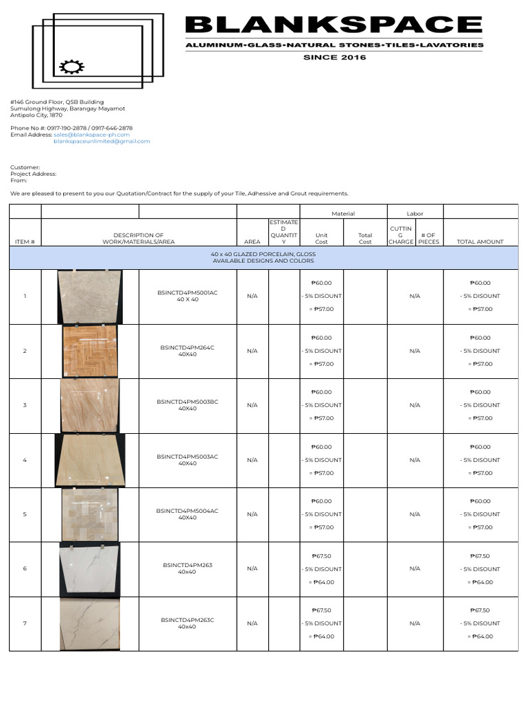 Blankspace Inc Sample Tiles Price Quotation 2024 | PDF | Discounts And ...