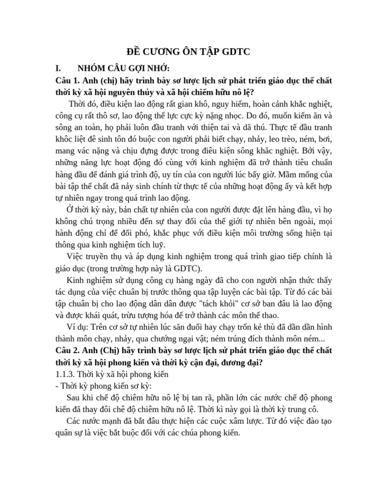 ĐỀ CƯƠNG ÔN TẬP GDTC | PDF