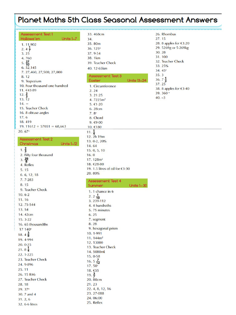 Planetmathsanswers 5th Class Seasonal Assessments | PDF