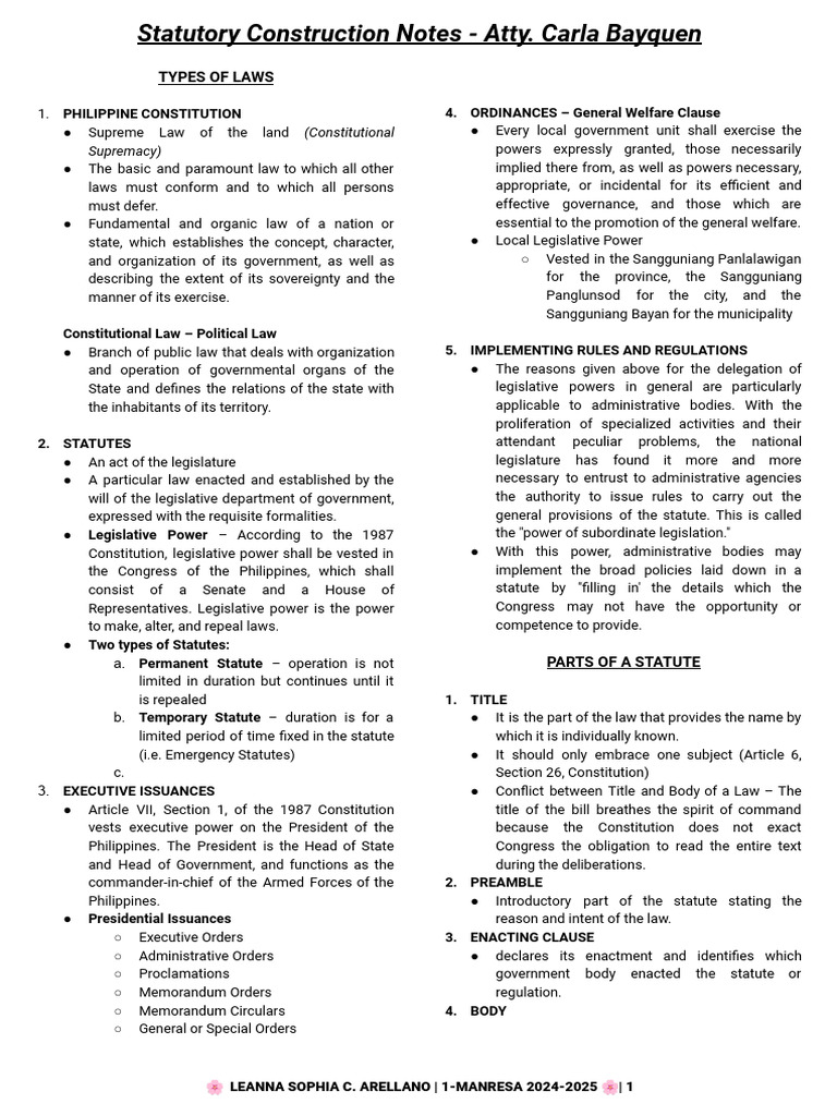 StatCon Reviewer - First Exam | PDF | Statutory Interpretation | Precedent