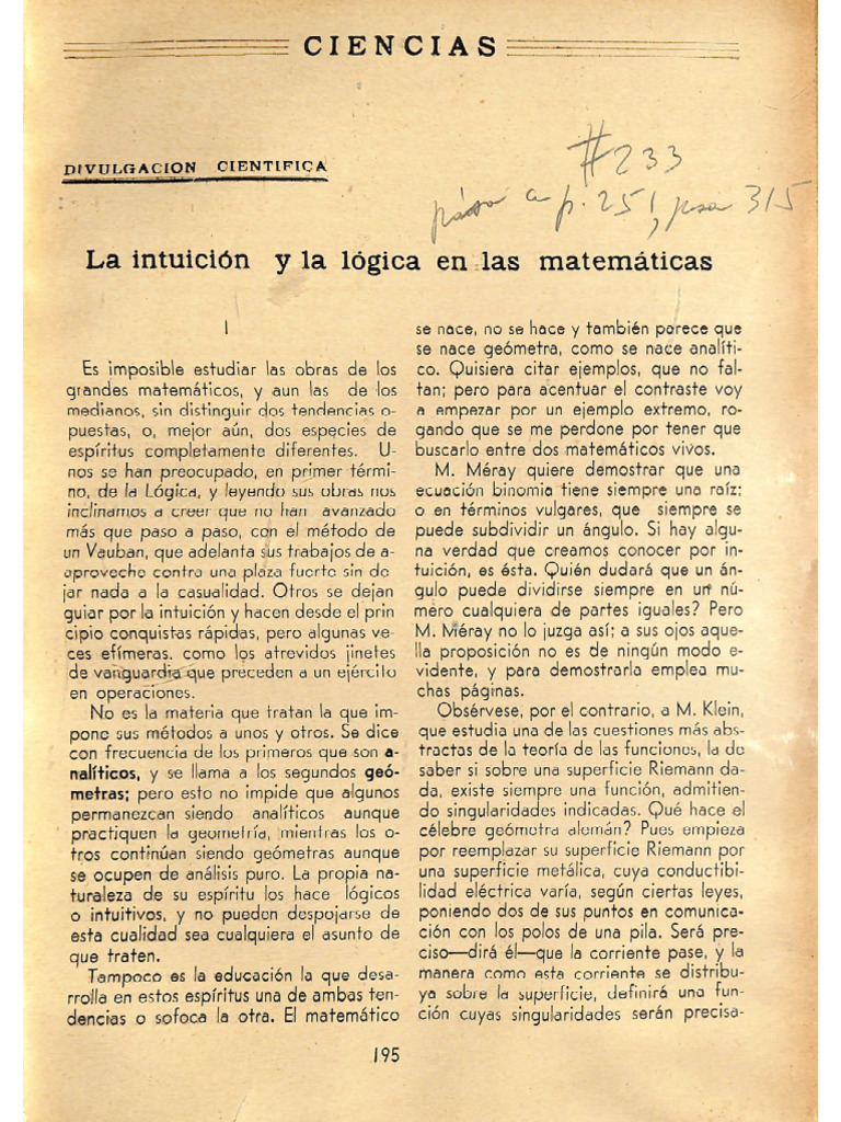La Intuición y La Lógica en Las Matemáticas | PDF