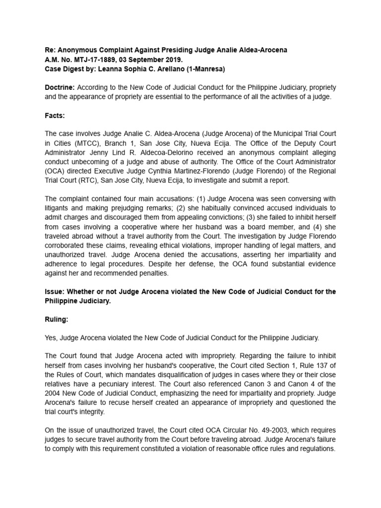 Case Digest - Re Anonymous Complaint Against Presiding Judge Analie Aldea-Arocena | PDF ...