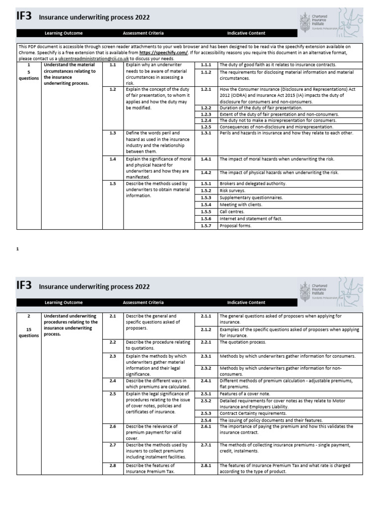 If3 Indicative Content 2022 | PDF | Insurance | Underwriting