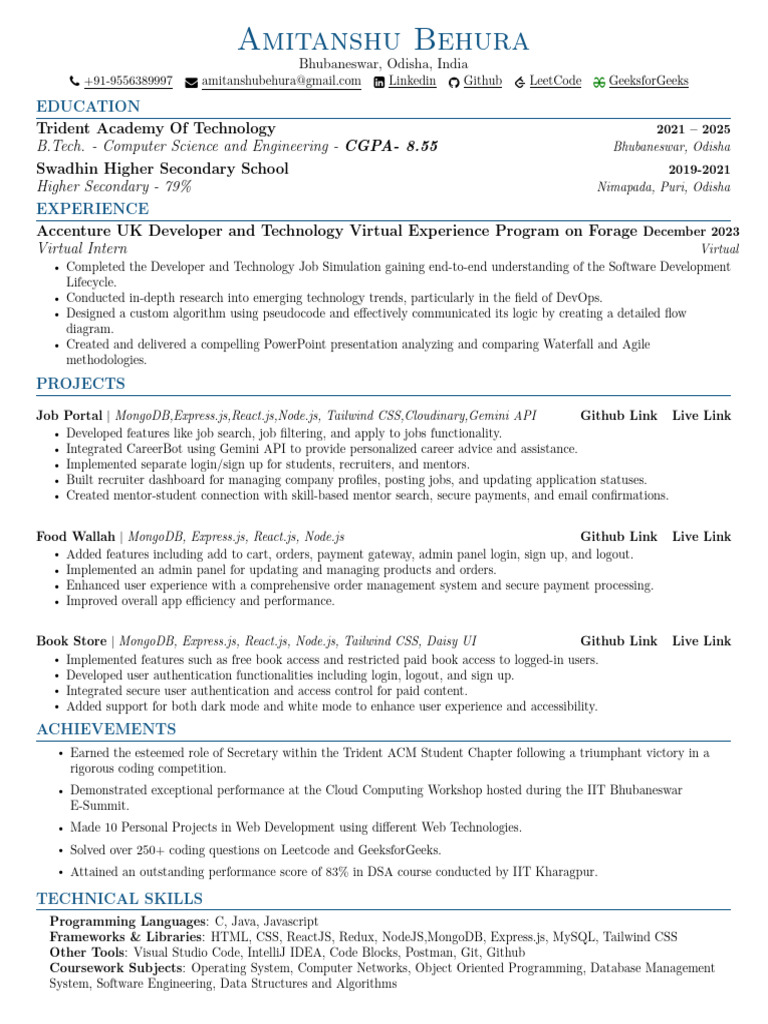 AMITANSHU BEHURA RESUME - Amitanshu Behura | PDF | Computer Programming ...