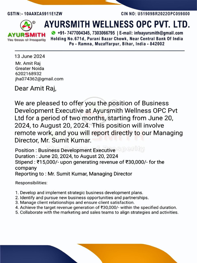 Offer Letter Amit Raj PGDM | PDF