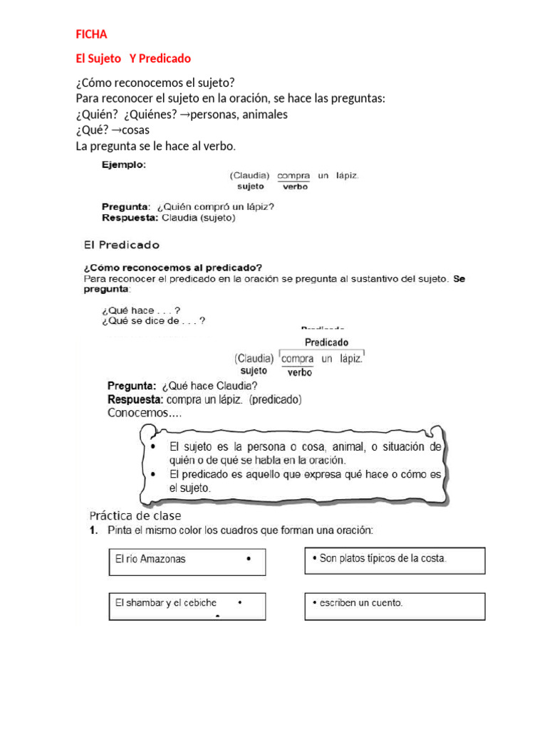 Ficha de Sujeto y Predicado | PDF