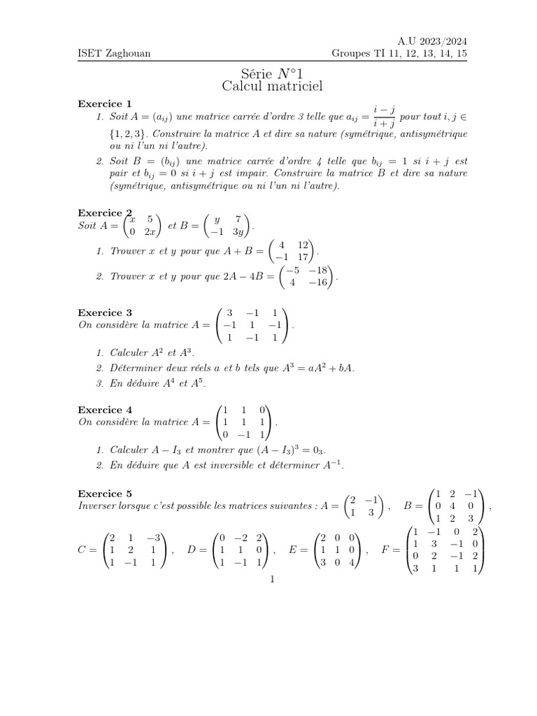 Matrices et Calcul Matriciel ISET 2023 | PDF | Matrice (Mathématiques ...