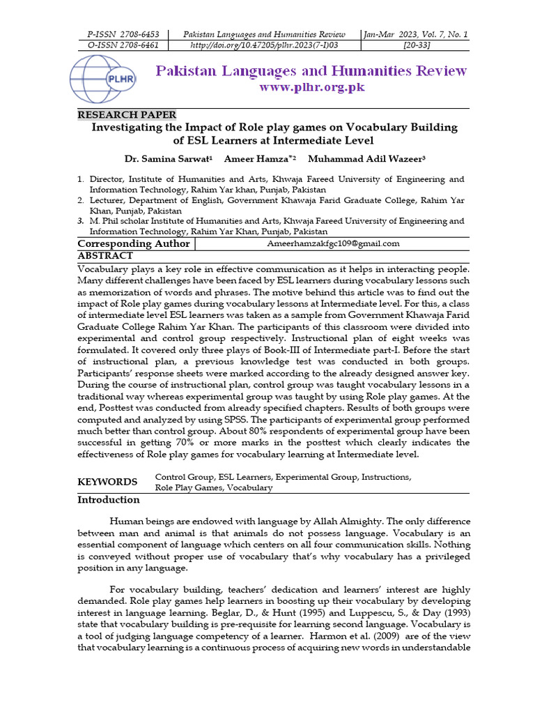 Investigating The Impact of Role Play Games On Vocabulary Building of ESL Learners at ...