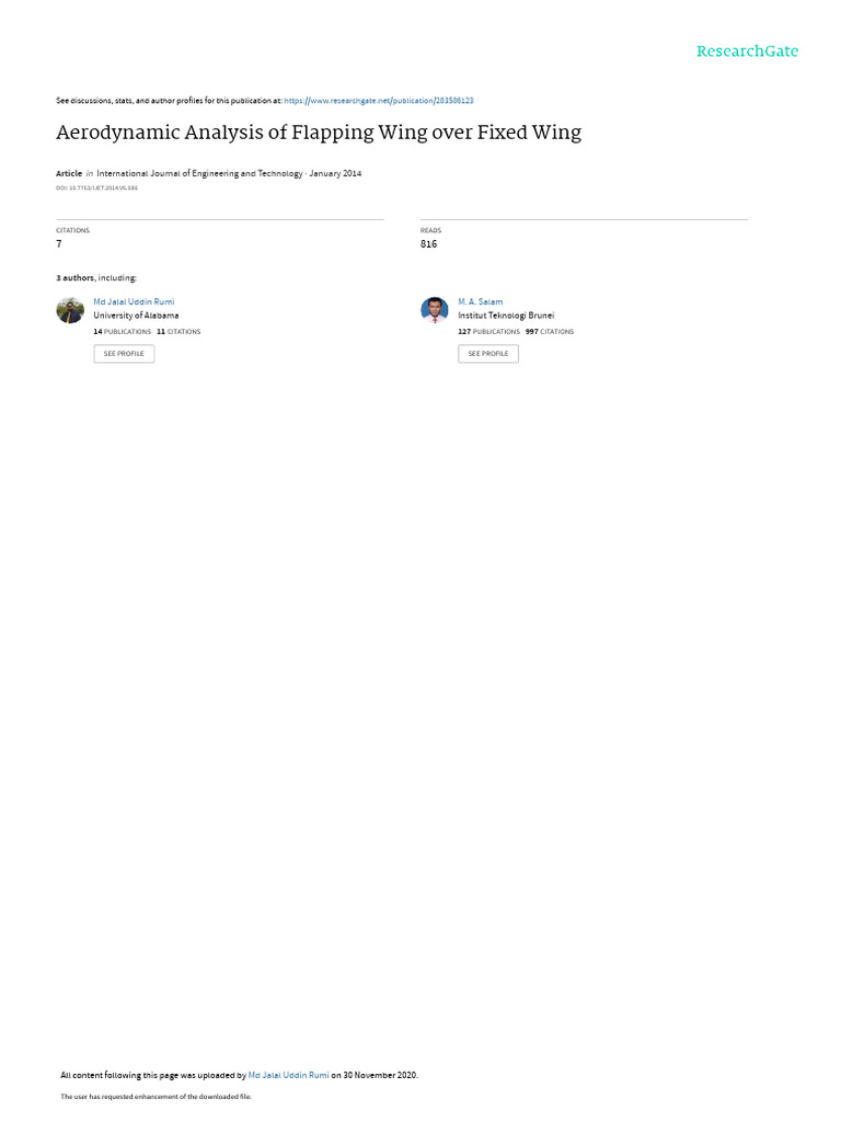 Aerodynamic Analysis of Flapping Wing Over Fixed W | PDF | Flight | Wing