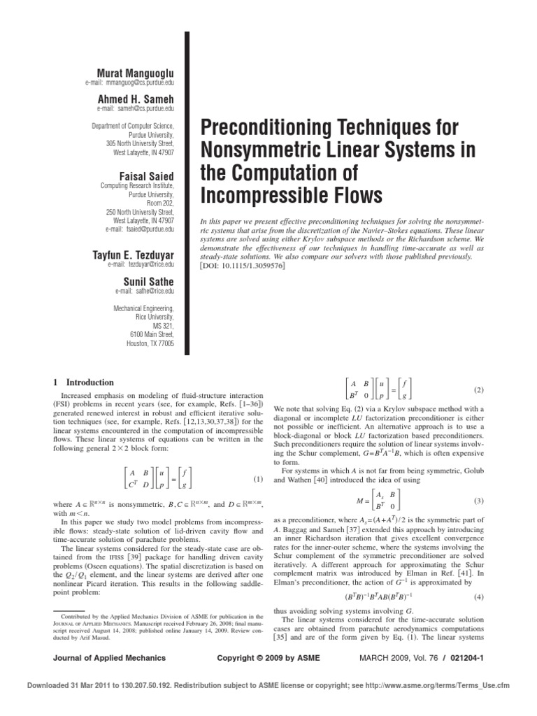 Preconditioning Techniques For Nonsymmetric Linear Systems in The Computation of Incompressible ...
