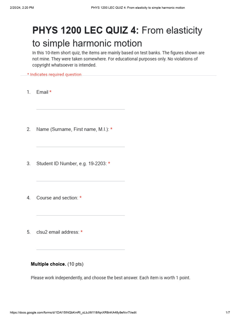 Phys 1200 Lec Quiz 4 (2022) - Google Forms | PDF | Oscillation | Quantity