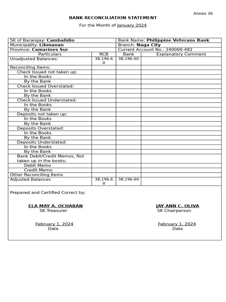 Monthly Bank Reconciliation Statements | PDF | Banks | Debits And Credits