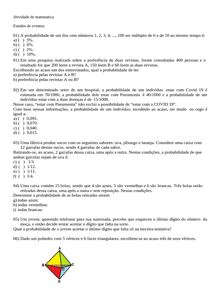 Atividade de Matematica de Probabilidade. | PDF | Probabilidade | Science