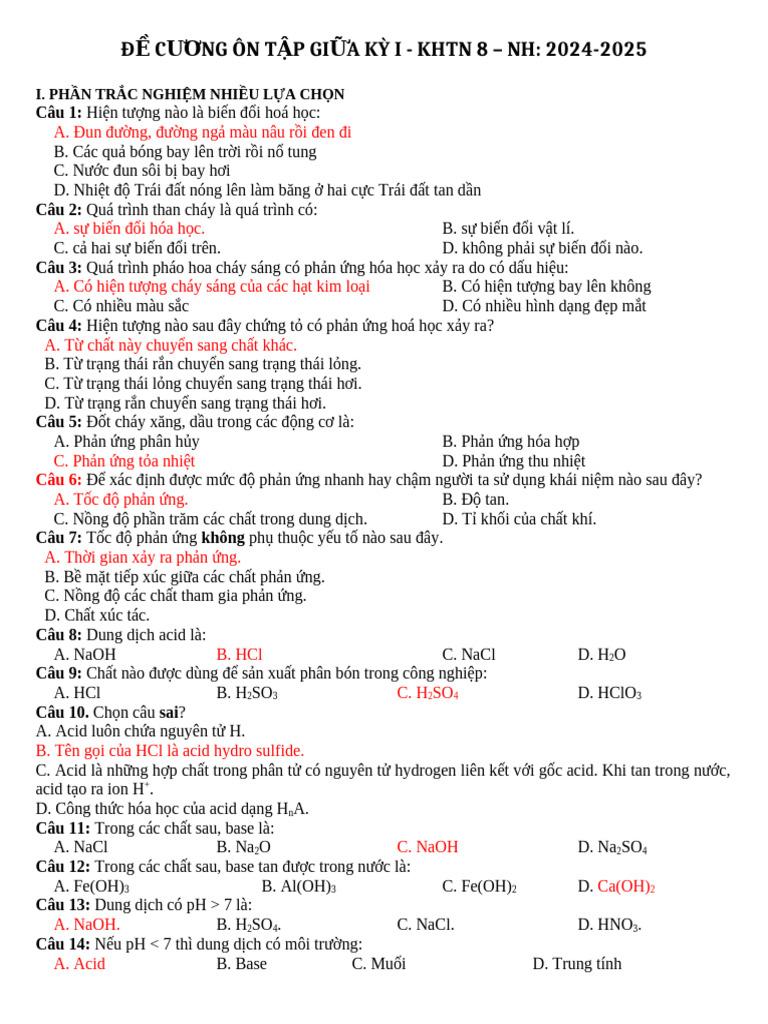 Đề Cương Ôn Tập Giữa Kỳ I KHTN 8 | PDF