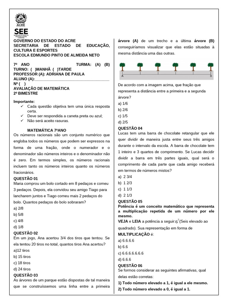 Avaliação Matemática Epan | PDF | Número racional | Percentagem