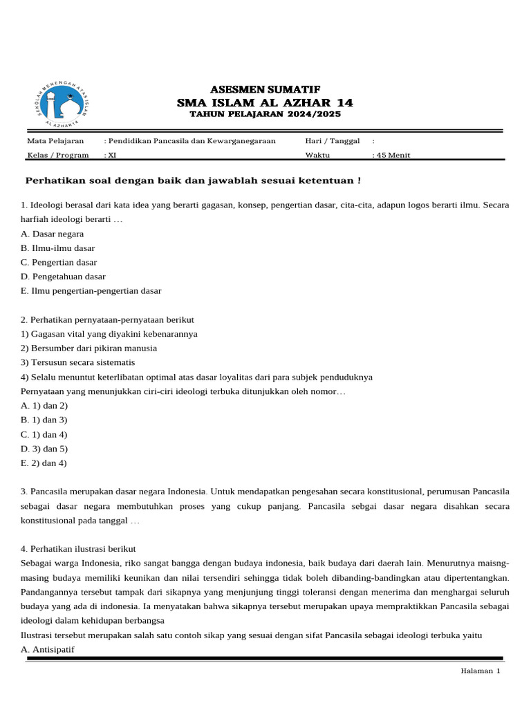 Asesmen Sumatif Pend - Pancasila Xi 2024-2025 | PDF | Ilmu Sosial | Sains & Matematika