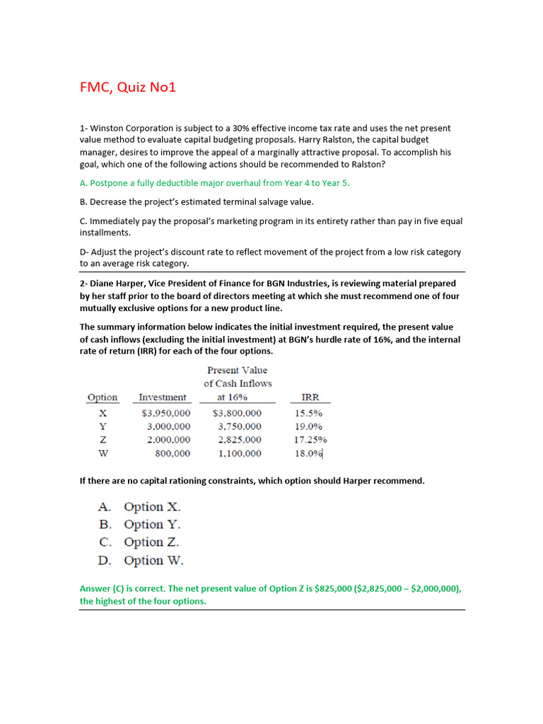 FMC Quiz 1 With Answers - Finance Is My Core of Competence, With More ...