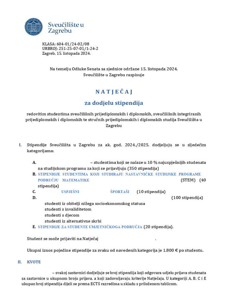 Natjecaj Za Dodjelu Stipendija Sveucilsta U Zagrebu 2024 2025 FINAL | PDF