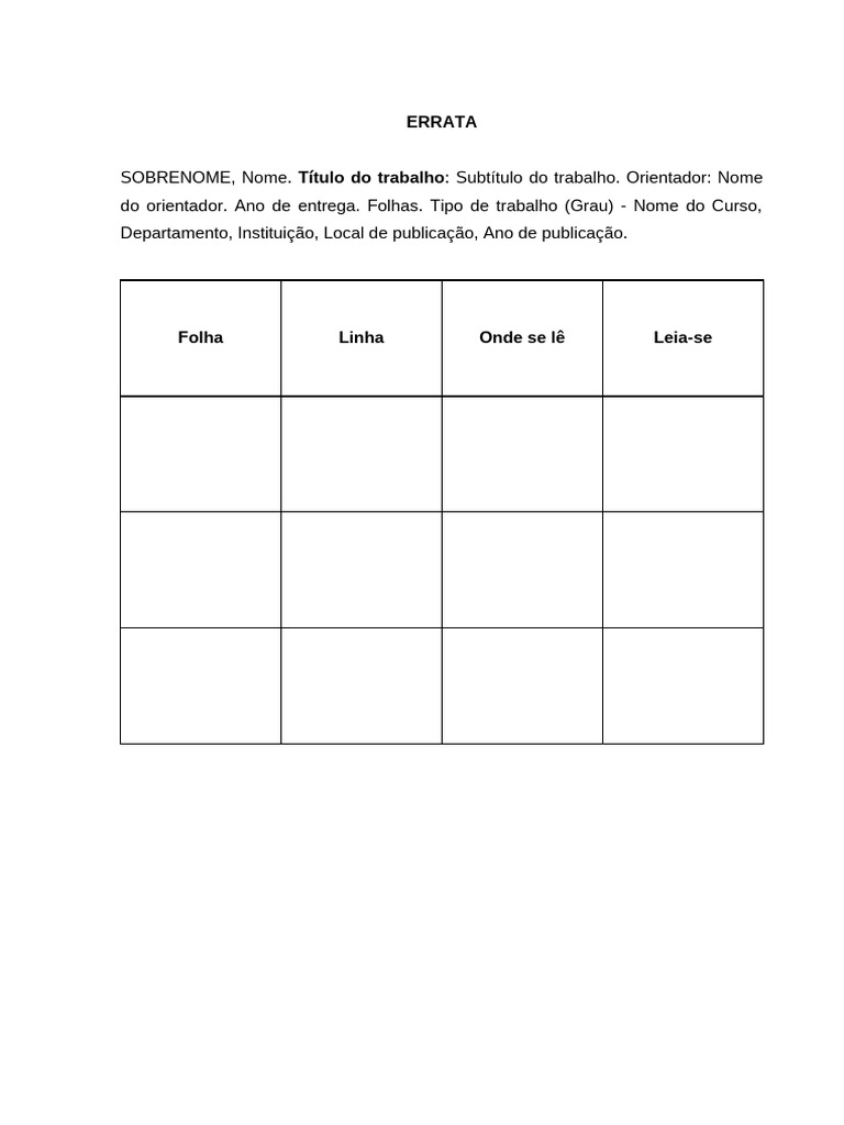 Errata Abnt para Preencher | PDF