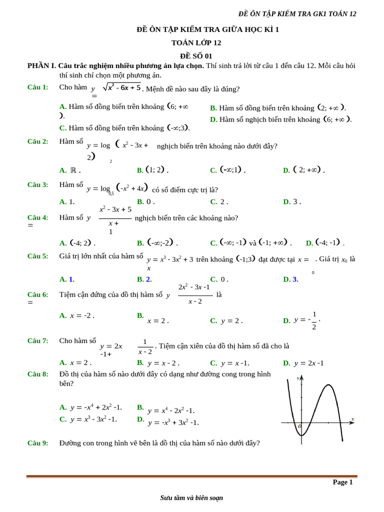 05 de On Tap Giua Hoc Ki 1 Toan 12 Cau Truc Trac Nghiem Moi | PDF