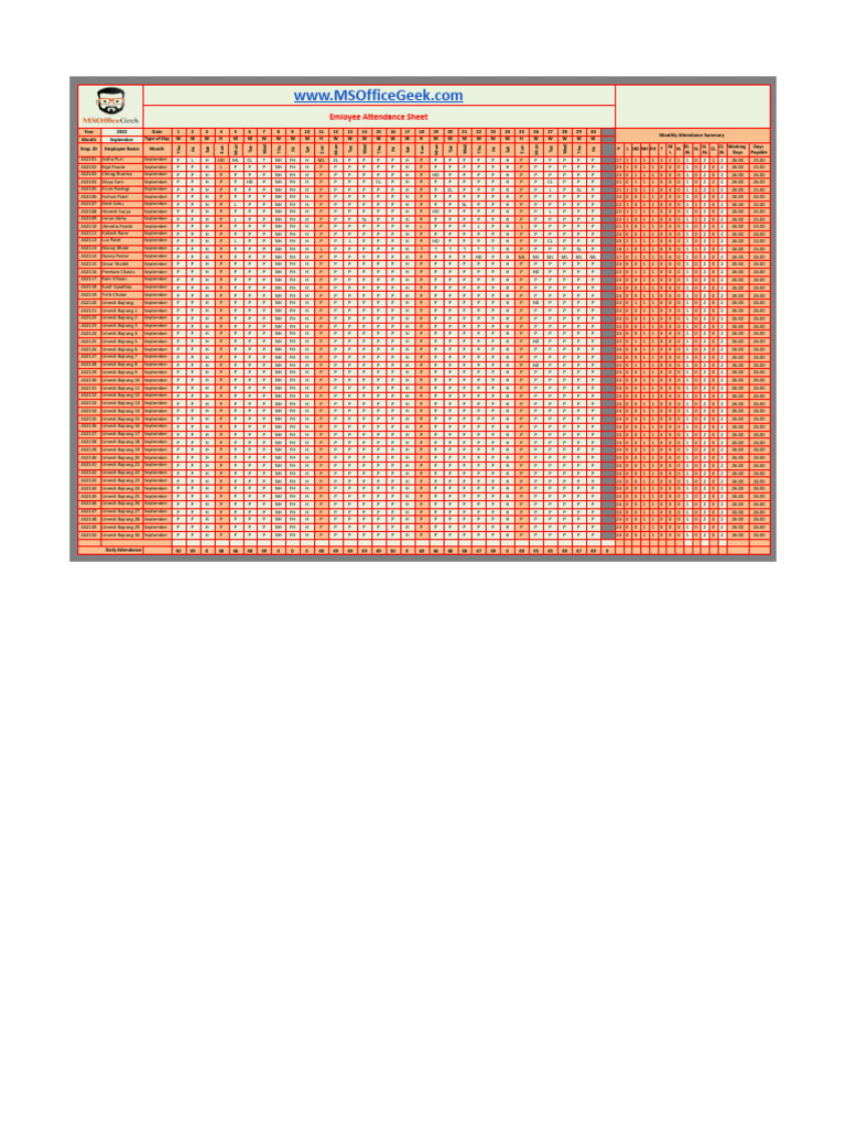 Employee Attendance Sheet Excel Template | PDF
