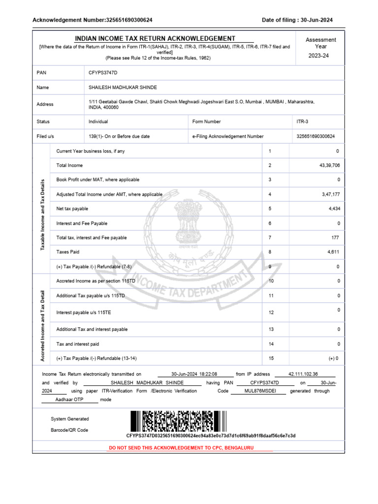 ITR Ack AY 2023-24 | PDF | Taxes | Income
