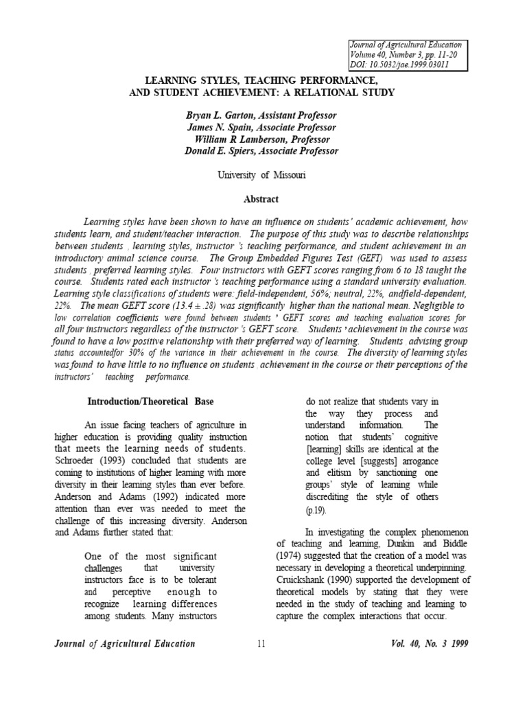Learning Styles Teaching Performance and Student Achievement A ...