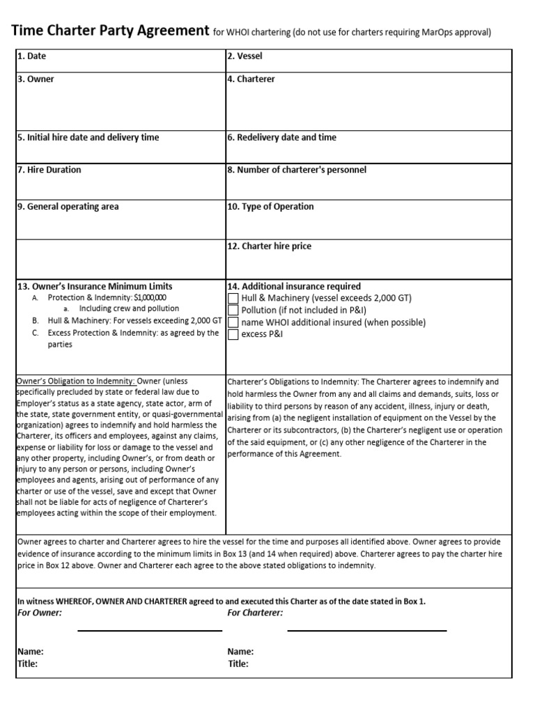 Charter Agreement Template Final | PDF | Indemnity | Legal Liability