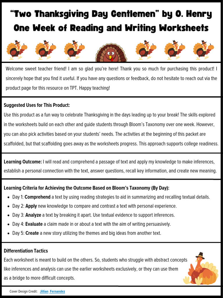 One Week of Reading and Writing Worksheets "Two Thanksgiving Day ...