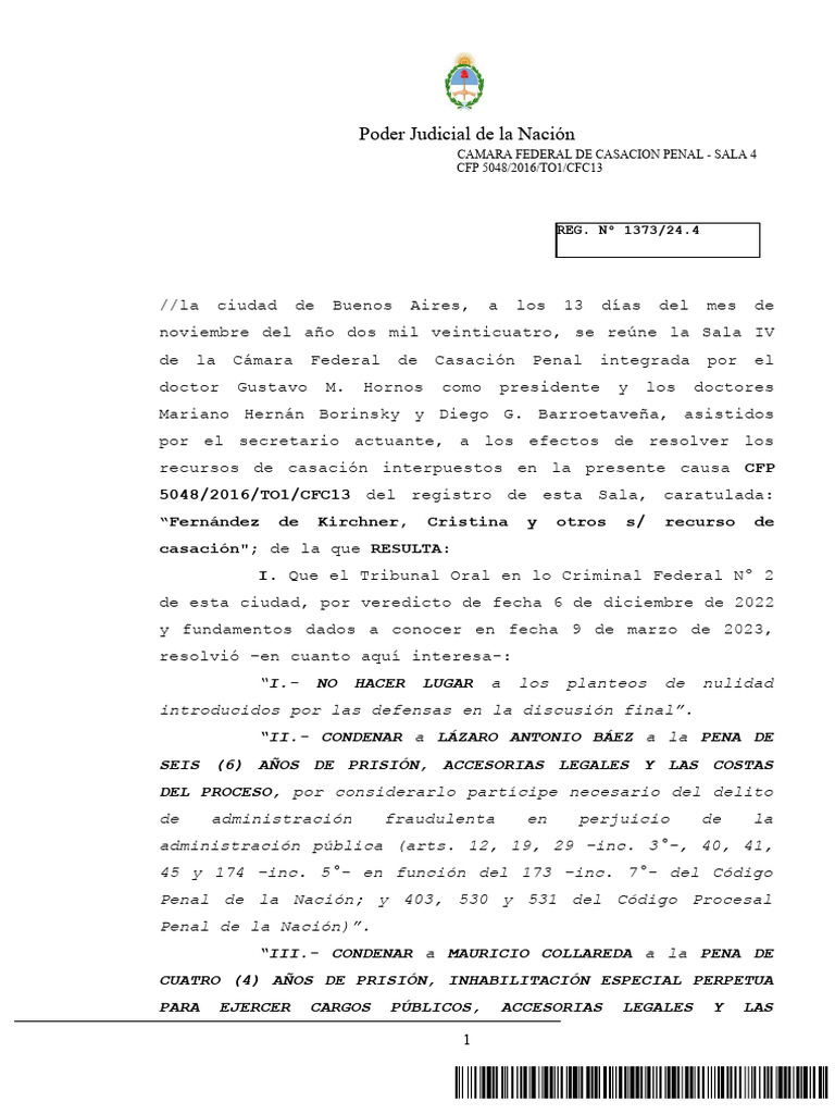 El Fallo de Casación Contra Cristina | PDF | Juez | Sentencia (ley)