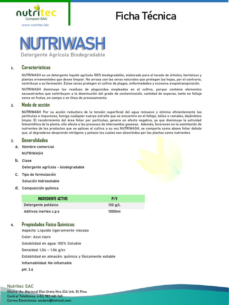 Ficha Técnica de Nutriwash Agrícola | PDF | Pesticida | Detergente
